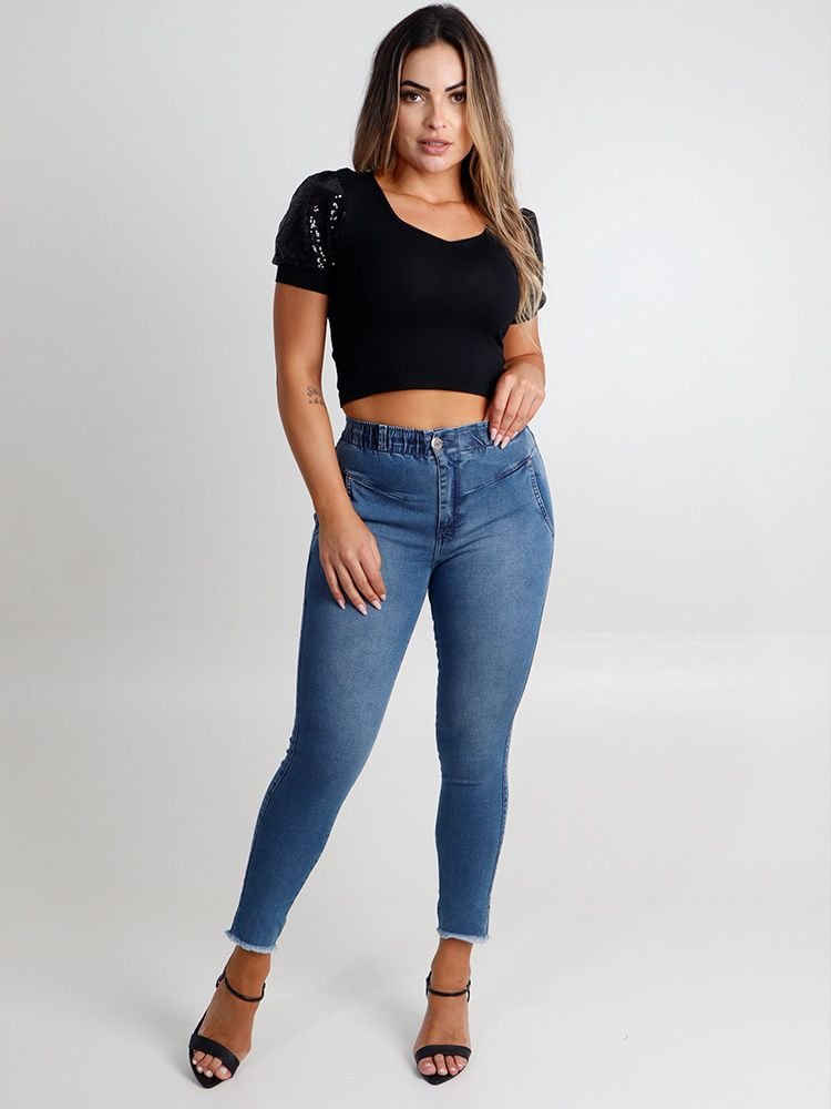 Calça Feminina Jeans Cropped Clássica Elástico no Cós
