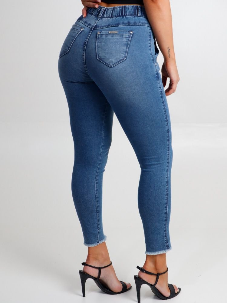 Calça Feminina Jeans Cropped Clássica Elástico no Cós