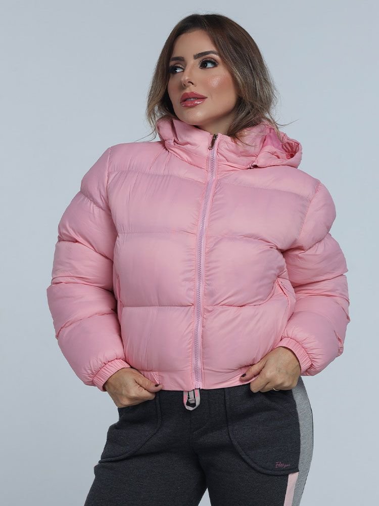 Jaqueta Feminina Nylon Puff Neon Gola Alta (Rosa)