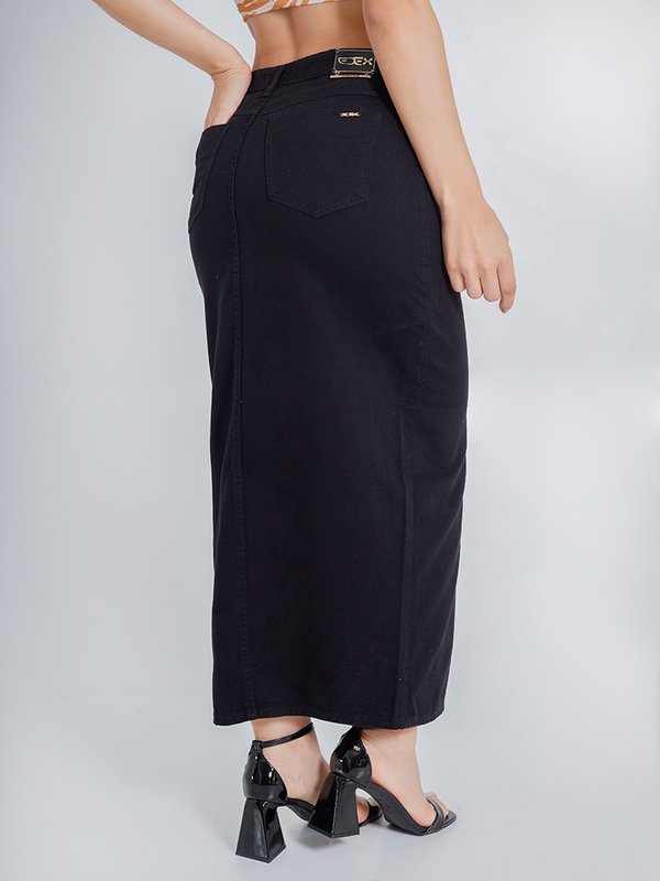 Saia Feminina Jeans Coluna Fenda Frontal (Preto)