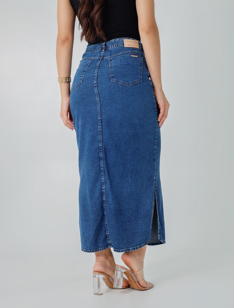 Saia Feminina Jeans Longa Coluna Fenda Lateral (Azul)
