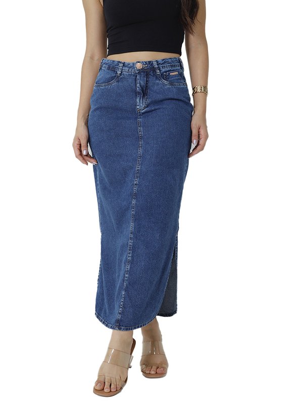 Saia Feminina Jeans Longa Coluna Fenda Lateral (Azul)