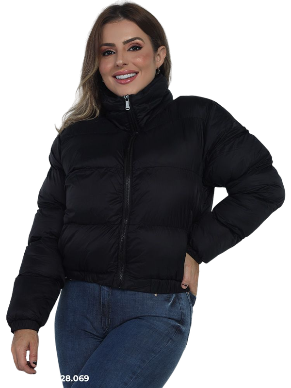 Jaqueta Feminina Cropped Nylon Puffer Neon Preto