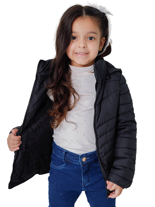 Jaqueta Infantil Feminina Nylon Forrada Capuz Preto