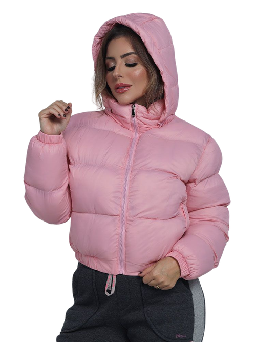Jaqueta Feminina Nylon Puff Neon Gola Alta (Rosa)