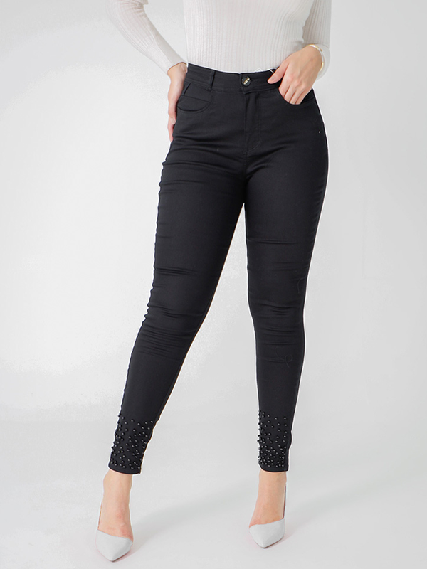 Calça Feminina Sarja Cigarrete Pérolas Negras (Não Desbota)