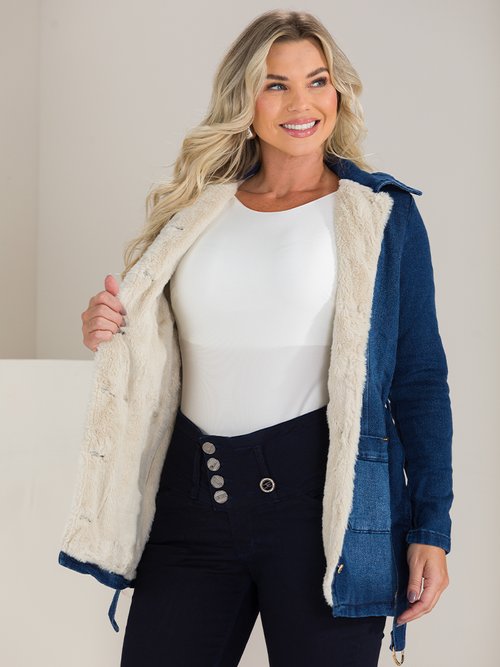 Parka Feminina Jeans com Cinto Forro Peluciado