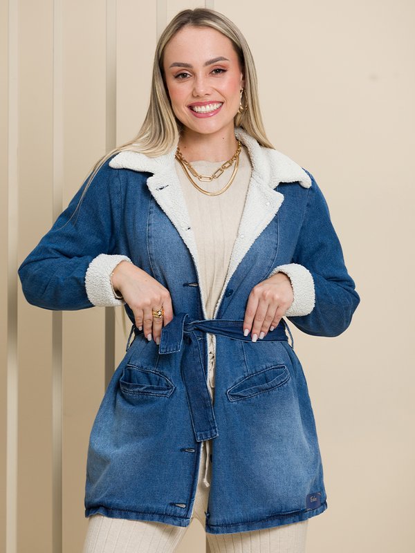 Parka Feminina Jeans Alongada com Cinto (Azul)