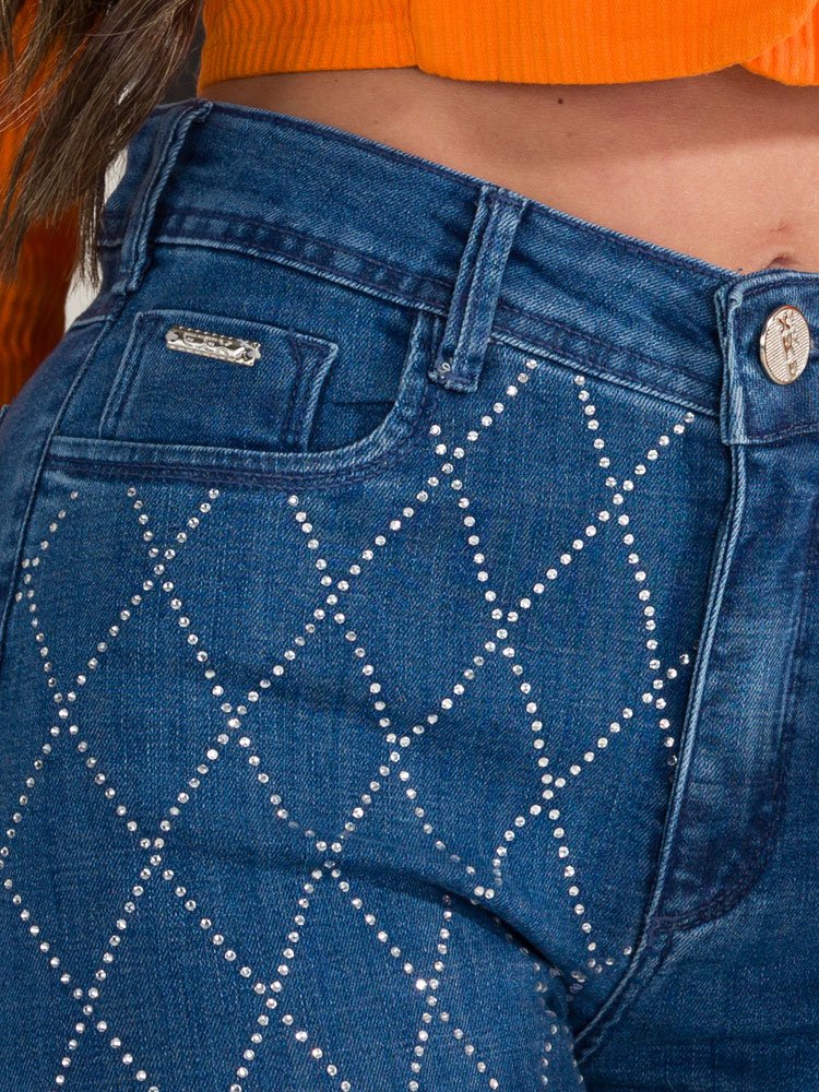 Calça Feminina Jeans Cigarrete Reta Brilho Strass (Azul)